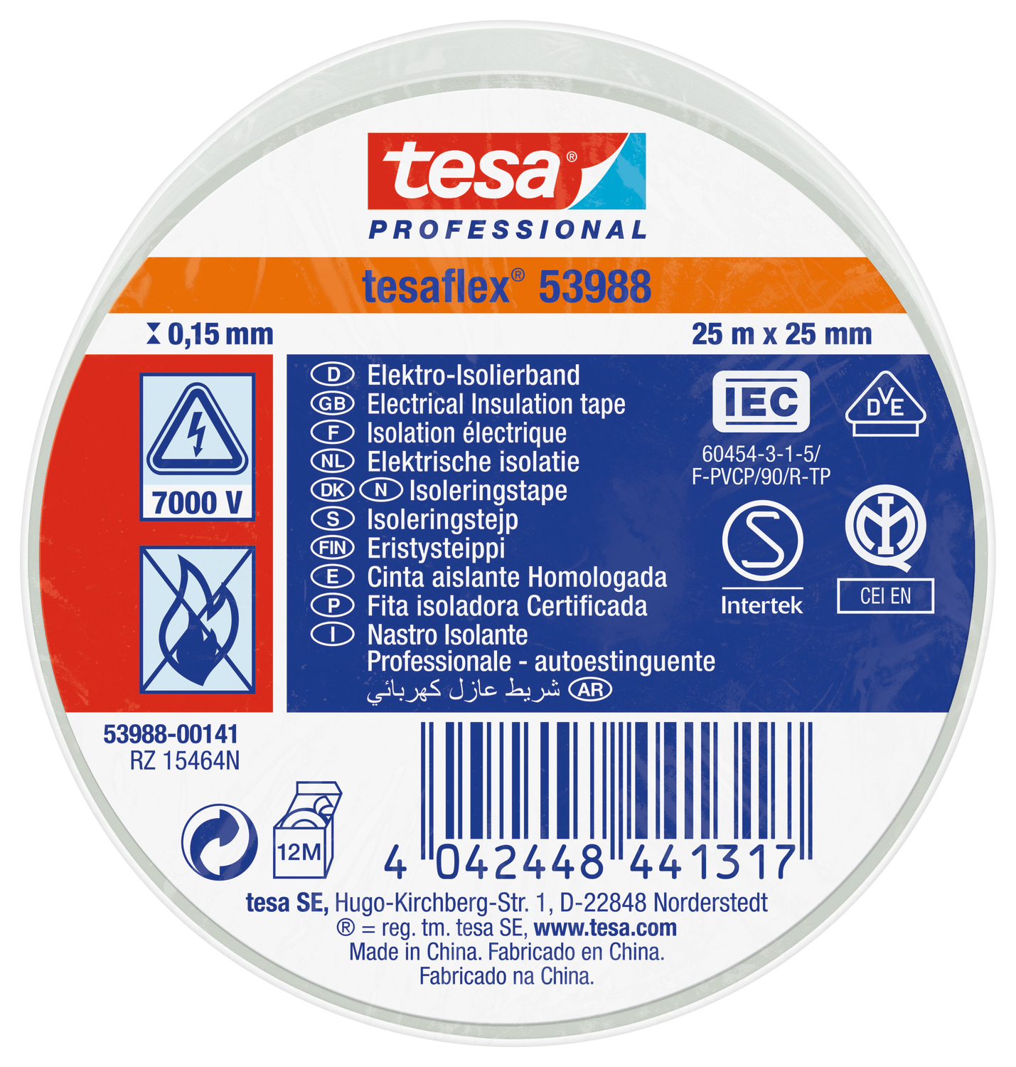 Isoleringstape, hvid, 25 mm x 25 meter, PVC, Tesaflex (53988) ‒ WATTOO.DK