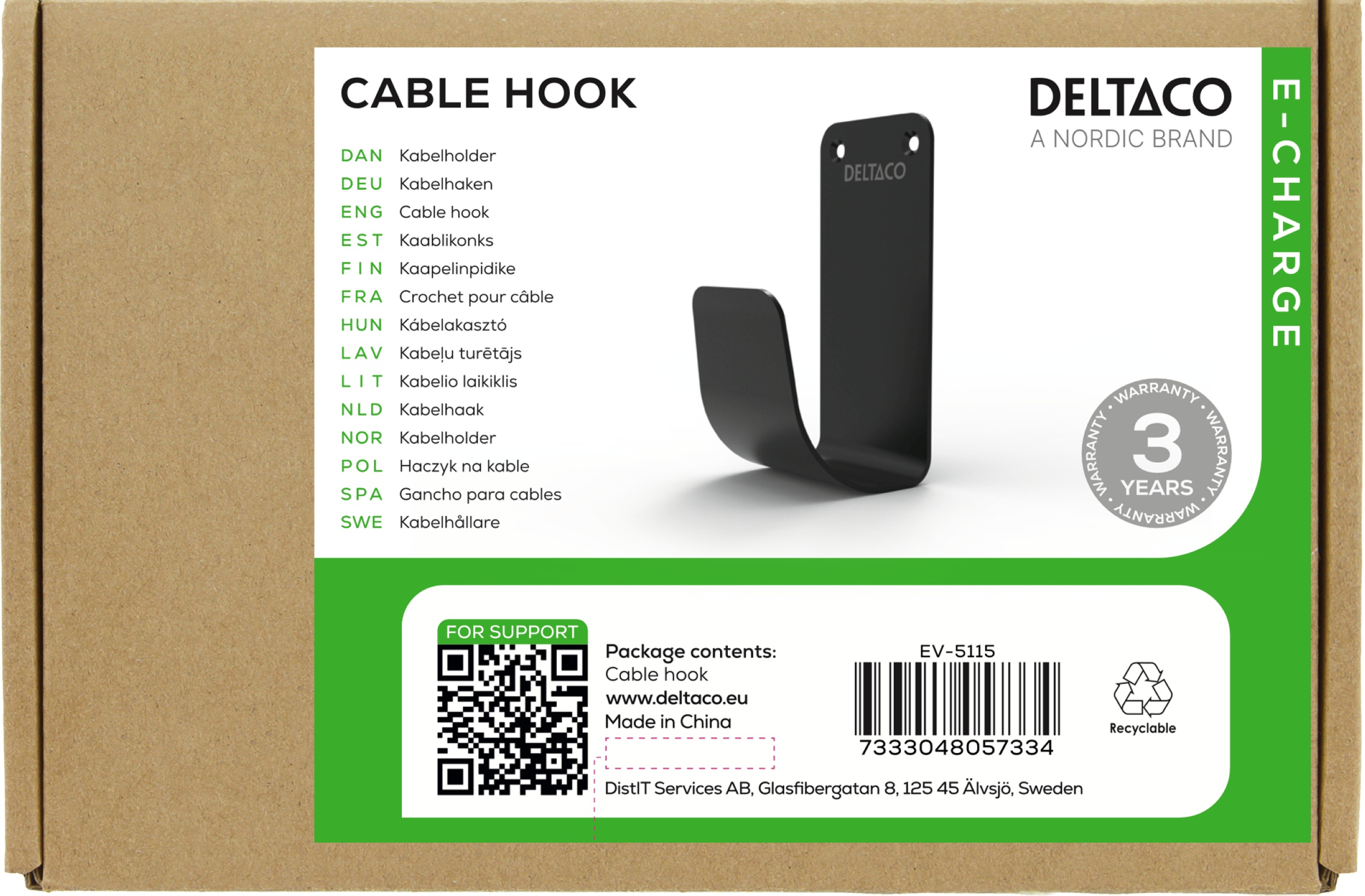E-Charge Cable Hook, Stainless Steel SS304, black - Deltaco ‒ WATTOO.DK