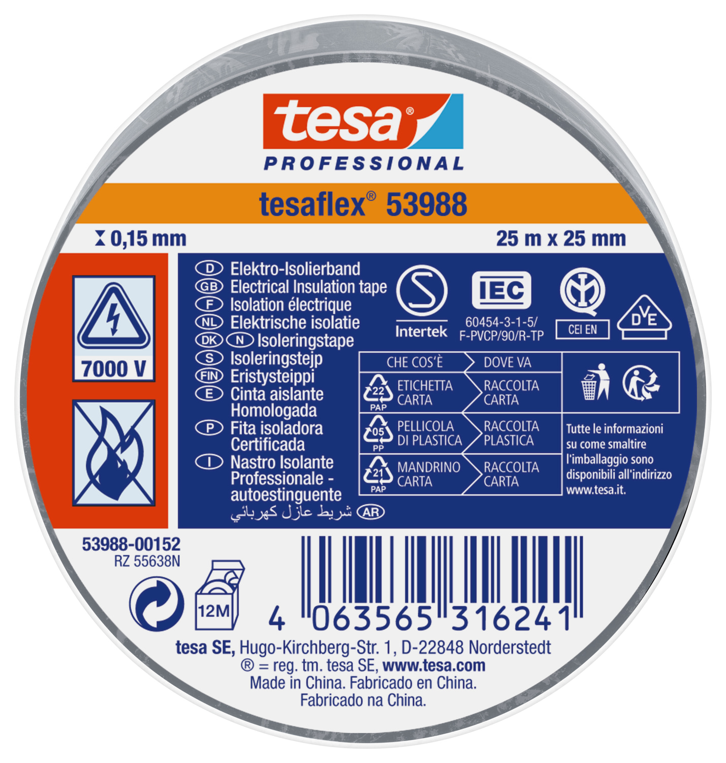 Isoleringstape tesa Tesaflex 53988, PVC, 25 mm x 25 meter, grå ‒ WATTOO.DK