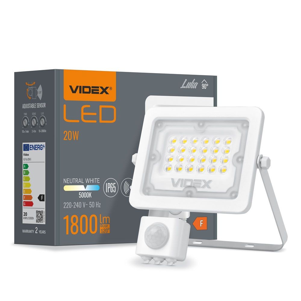 Flood LED projektør 20W med PIR sensor, 1800lm, RA80, 5000K, IP65 ...